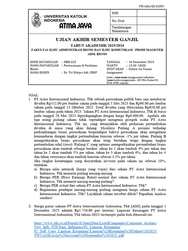 Soal Uas - Mab - MBK 625 Perencanaan Dan Penilaian Bisnis | PDF | Pengelolaan Keuangan & Uang