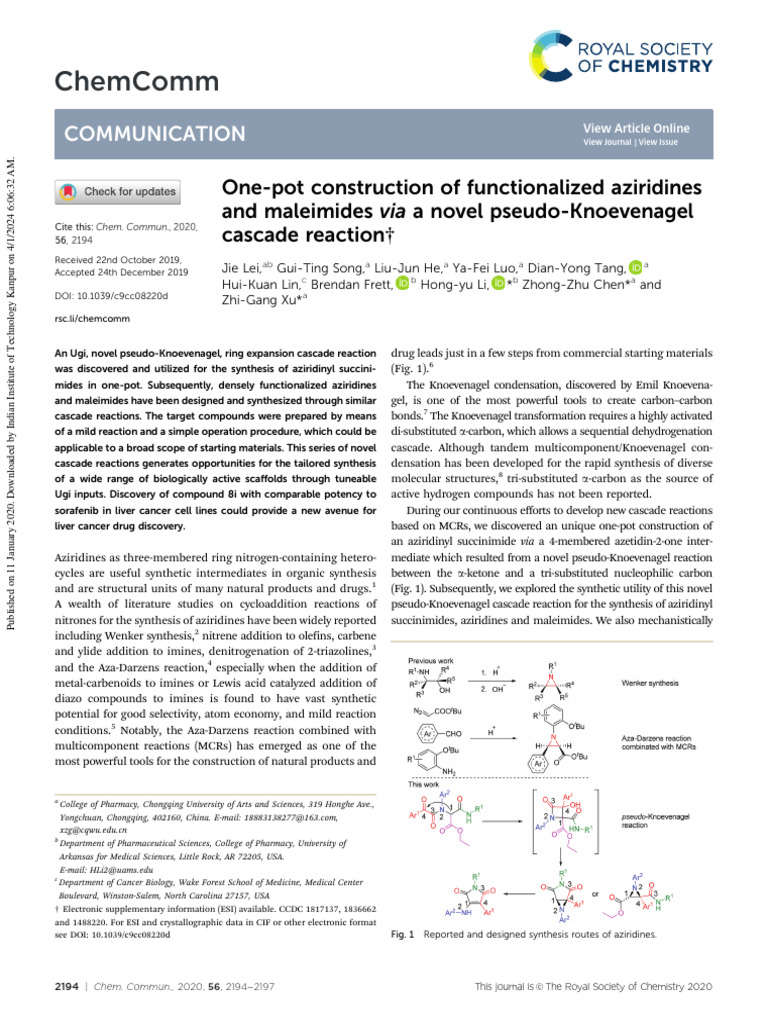 Chem. Commun., 2020, 56, 2194-2197 | PDF | Chemical Reactions | Organic ...