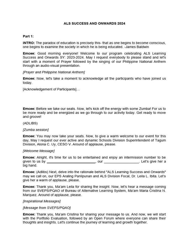 ALS SUCCESS ONWARDS 2024 Emcee Script | PDF | Self-Improvement