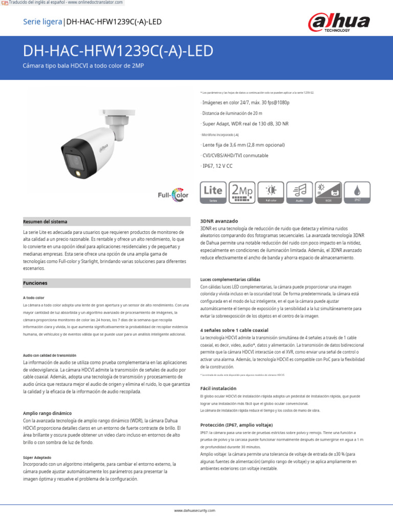 HAC HFW1239C A LED Cámara HDCVI Fullcolor 2mp Ficha Técnica Dahua Español | Descargar gratis PDF ...