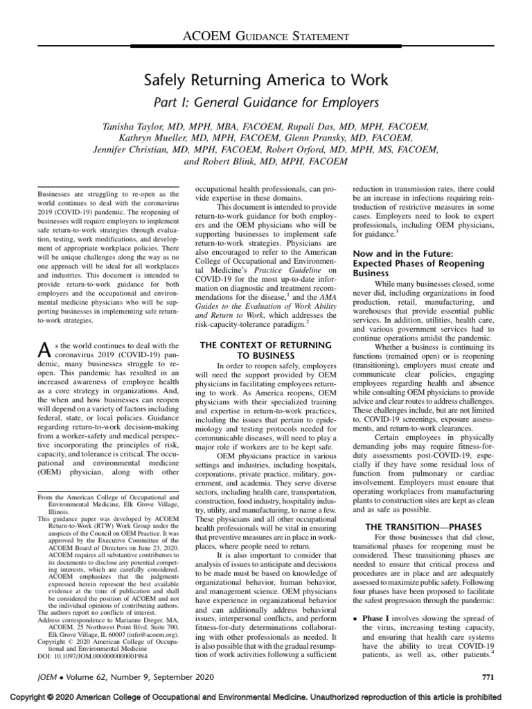 Safe Return-to-Work Guidance for Employers | PDF | Occupational Safety ...