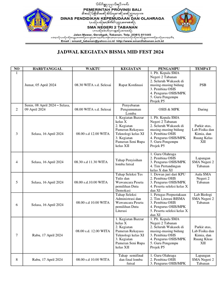 Jadwal Kegiatan BISMA MID FEST 2024 | PDF