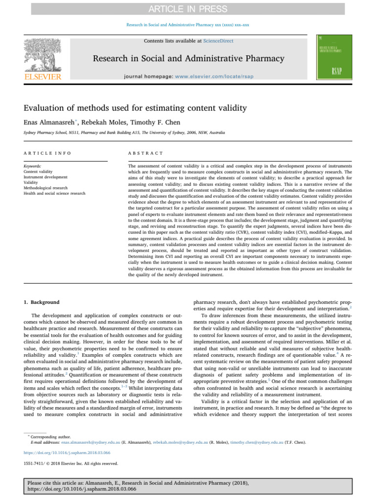 Almanasreh, 2018. Evaluation of methods used for estimating content validity | PDF | Validity ...