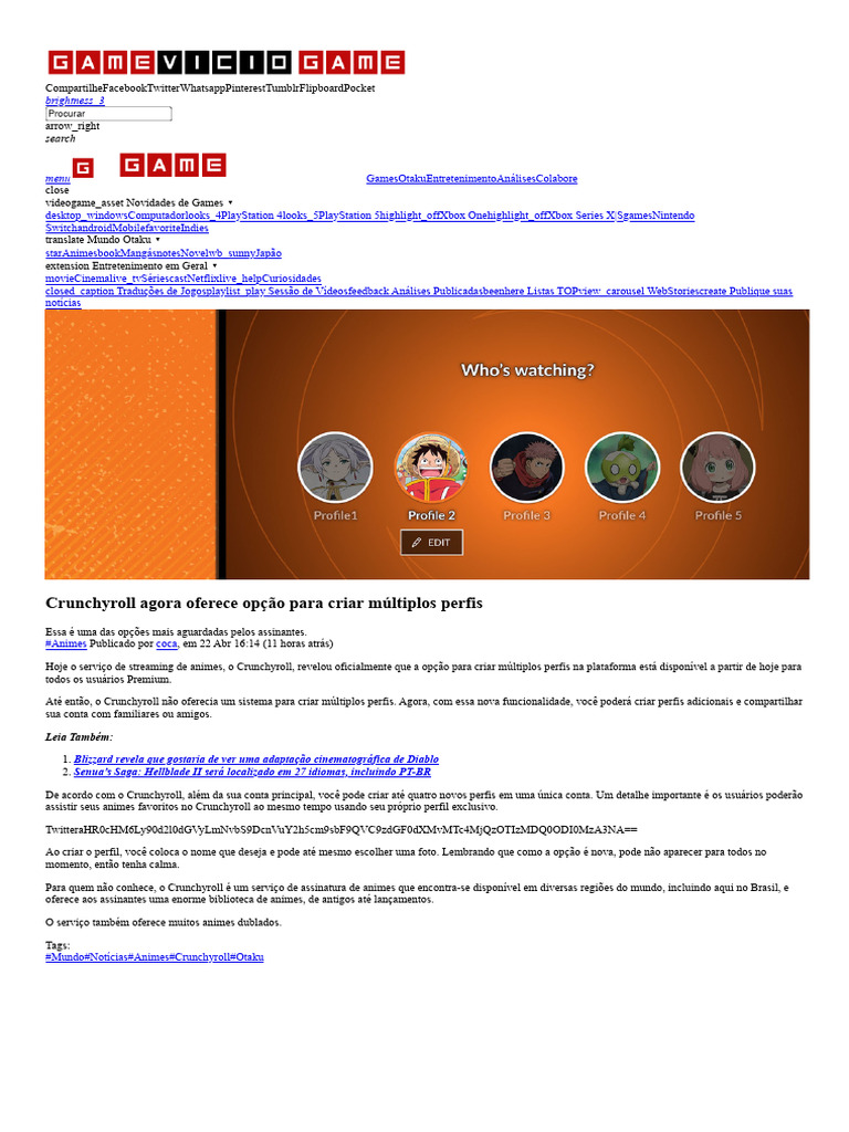 Crunchyroll Lança Perfis Múltiplos para Usuários | PDF | Videogames ...