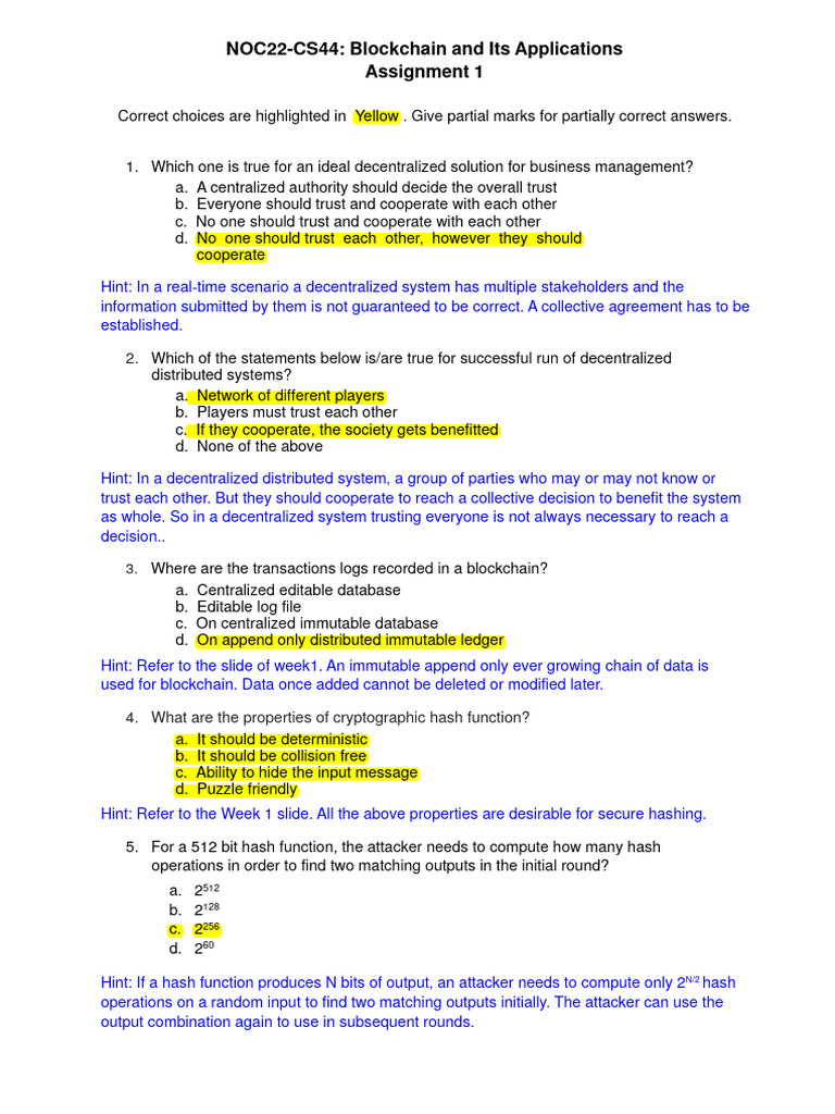 Blockchain and Its Applications Assignment 1 Answers | PDF | Algorithms | Computer Security