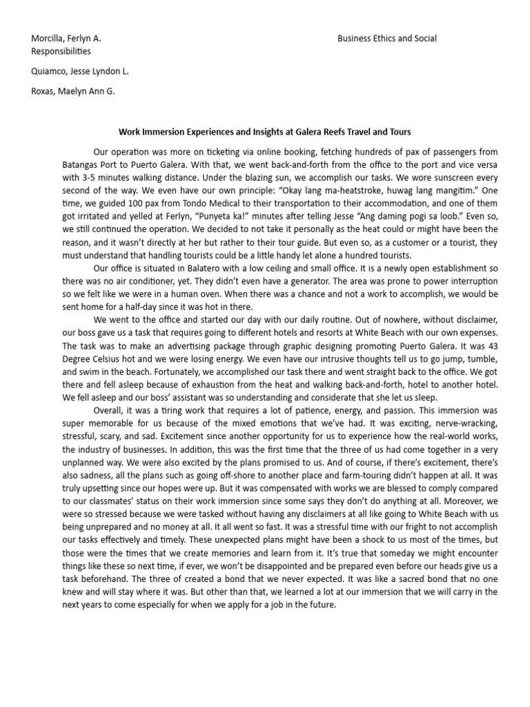 Business Ethics Experience at Work Immersion | PDF