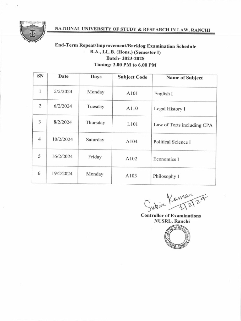 Examination Schedule (Repeat) | PDF