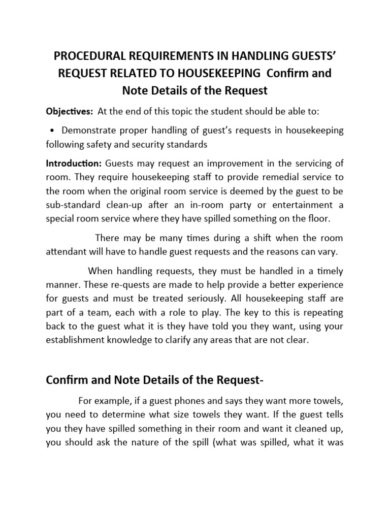Procedural Requirements in Handling Guests | Download Free PDF | Bed