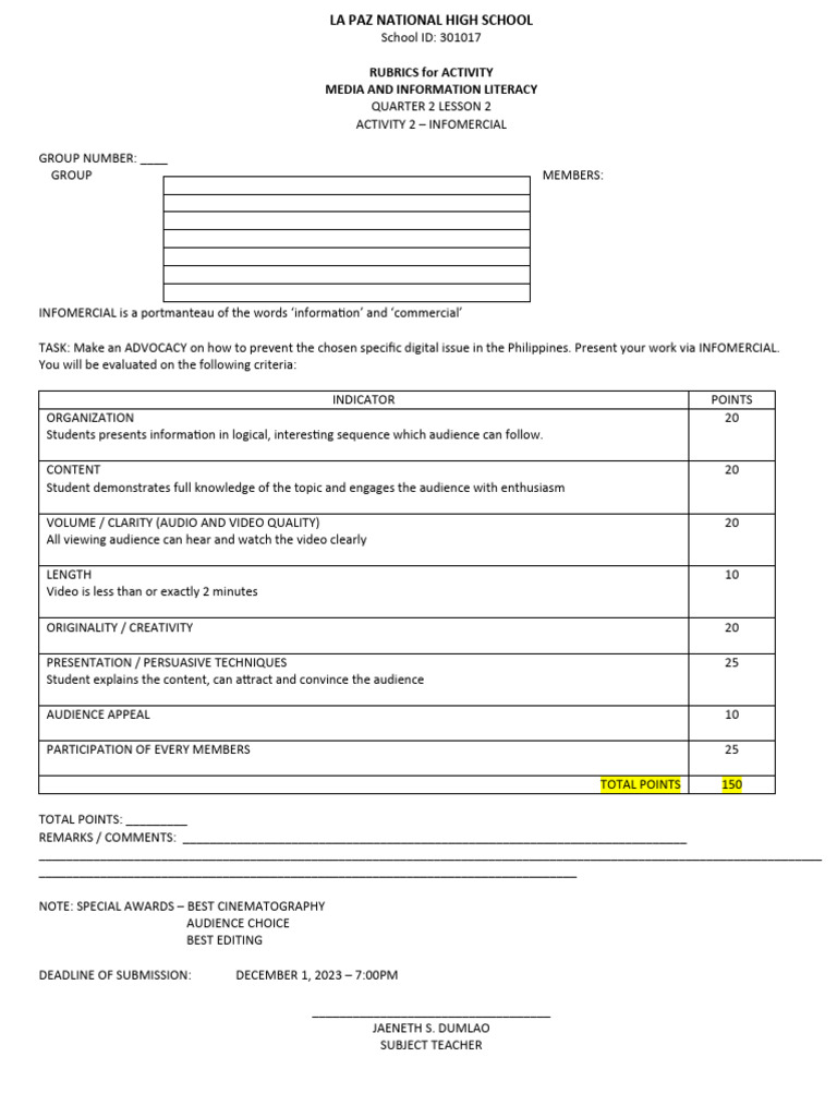 RUBRICS for ACTIVITY MIL - INFOMERCIAL | PDF | Rubric (Academic ...