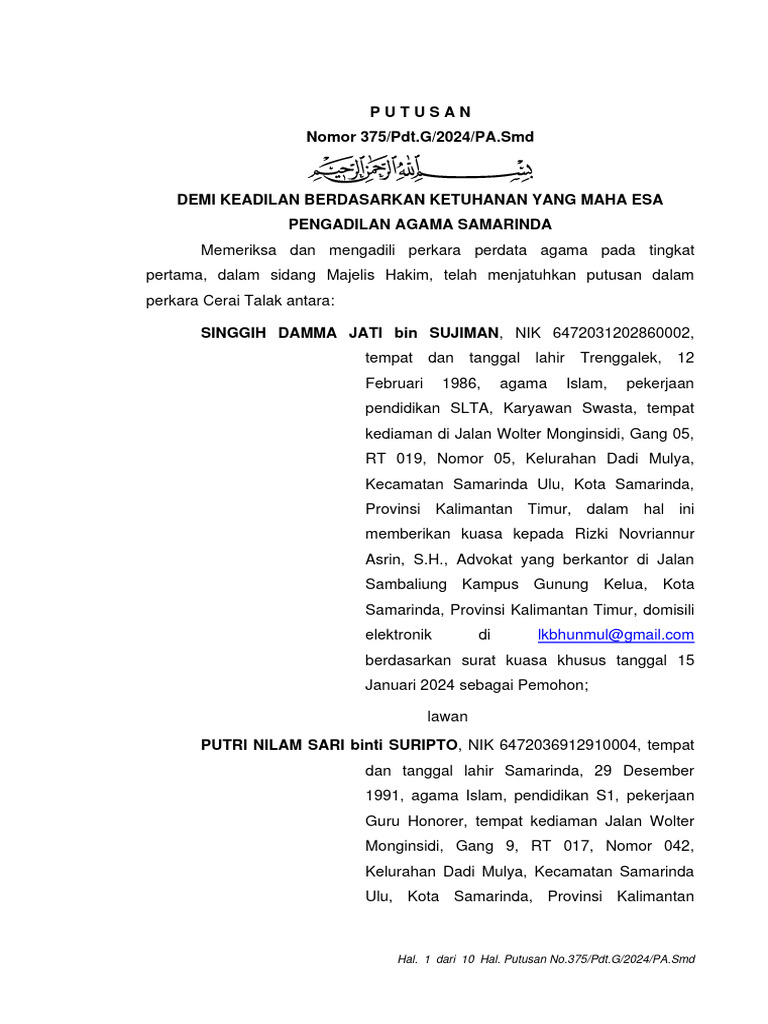 Salinan Putusan 375 PDT G 2024 PA SMD | PDF