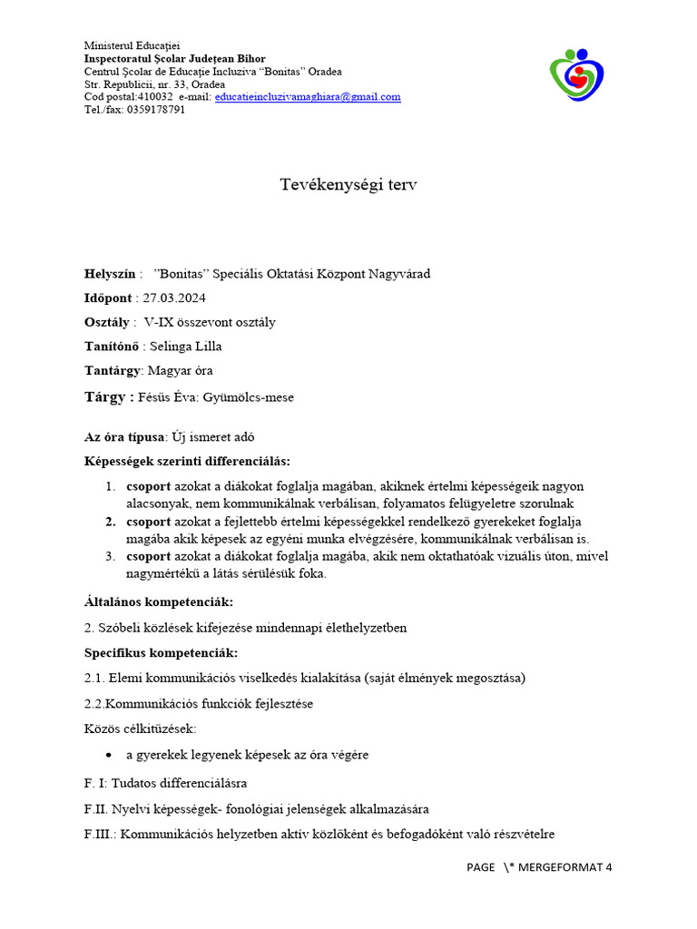 Magyar Óra Tevékenységi Terv | PDF