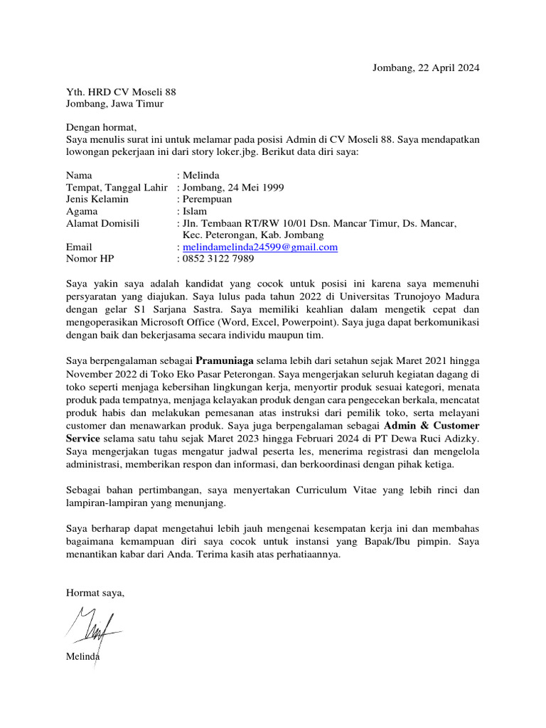 Admin - Melinda - CV Moseli 88 - 023906 | PDF | Karier & Perkembangan