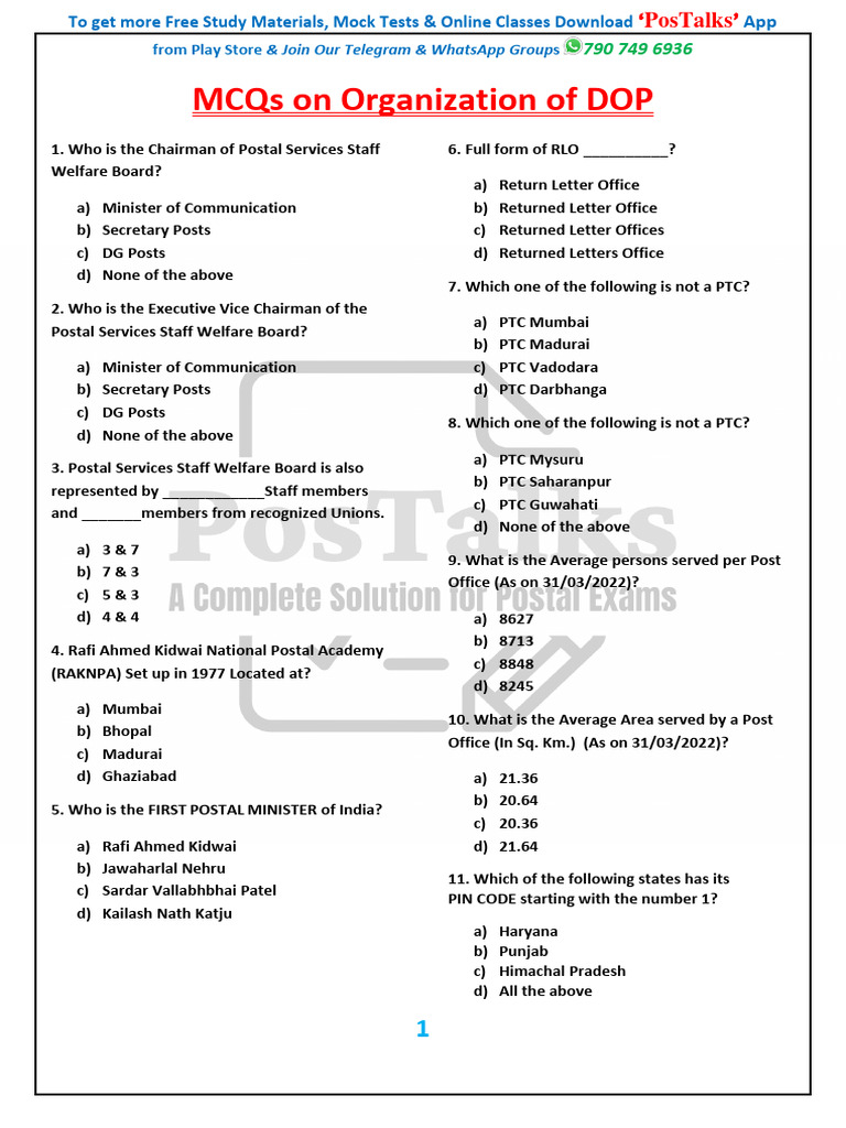 MCQs on Organization of DOP | PDF | Government Of India | Government