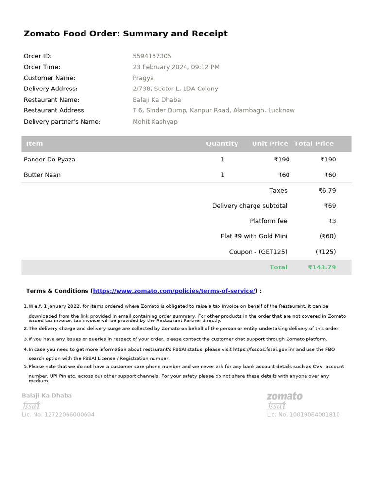 Zomato Order Summary for Pragya | PDF | Business