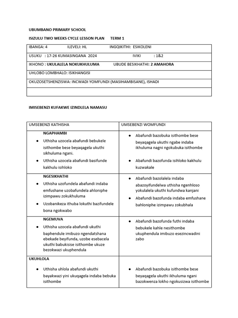 Isizulu Grade 4 Lesson Plan Term 1 | PDF | Language Arts & Discipline ...
