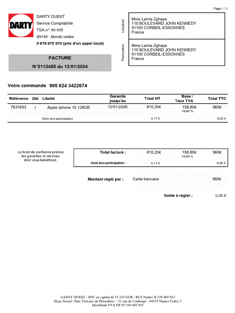 Facture Iphone 15 128GB | PDF