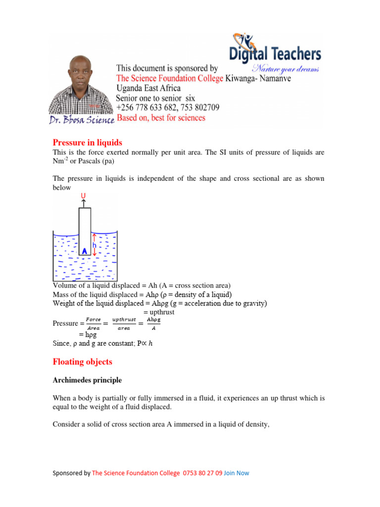 Pressure-in-liquids-viscocity-Bernoullis-equation-density-flow-properties | PDF | Buoyancy ...