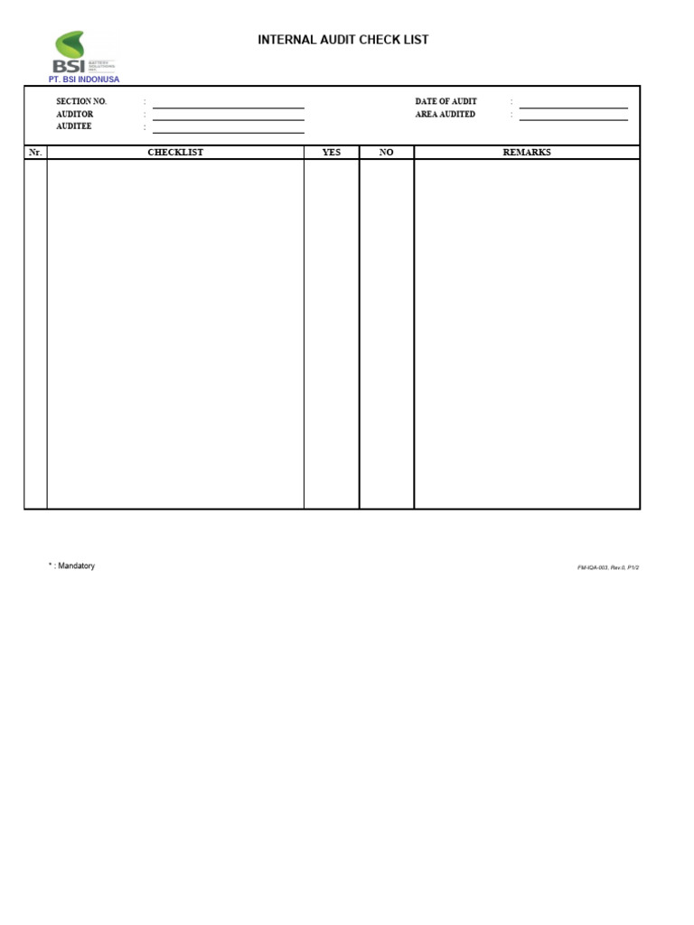FM-IQA-003 Internal Audit Checklist Rev.01 | Download Free PDF | Audit ...