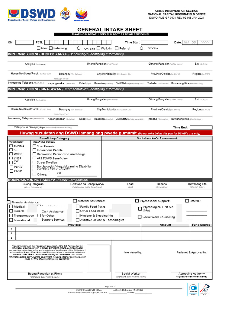 General Intake Sheet: Huwag Susulatan Ang DSWD Lamang Ang Pwede Gumamit ...