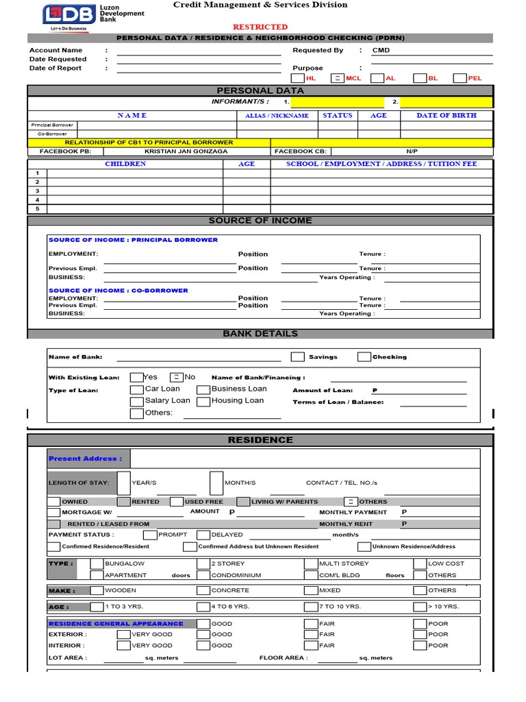 Personal Data & Residence Verification | PDF | Loans | Parking