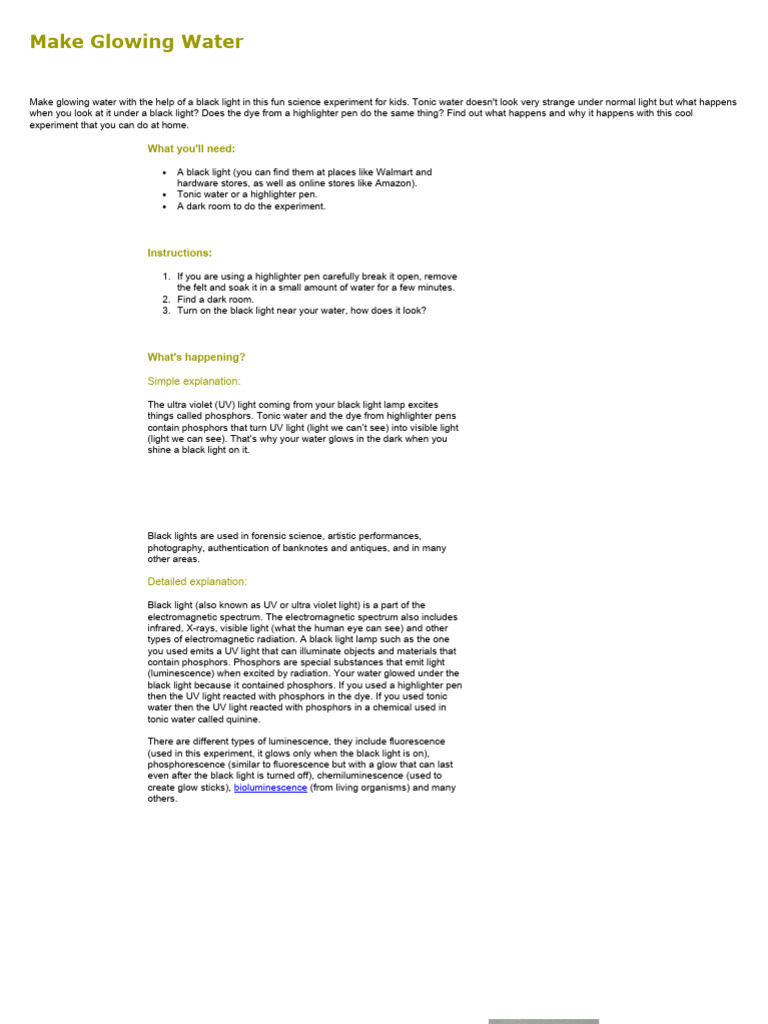 Make Glowing Water | PDF | Light | Ultraviolet