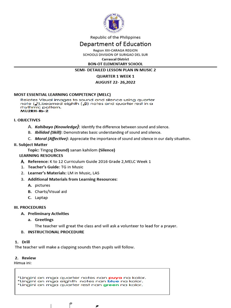 Semi-Detailed Music Lesson Plan for Grade 2 | PDF | Lesson Plan | Learning