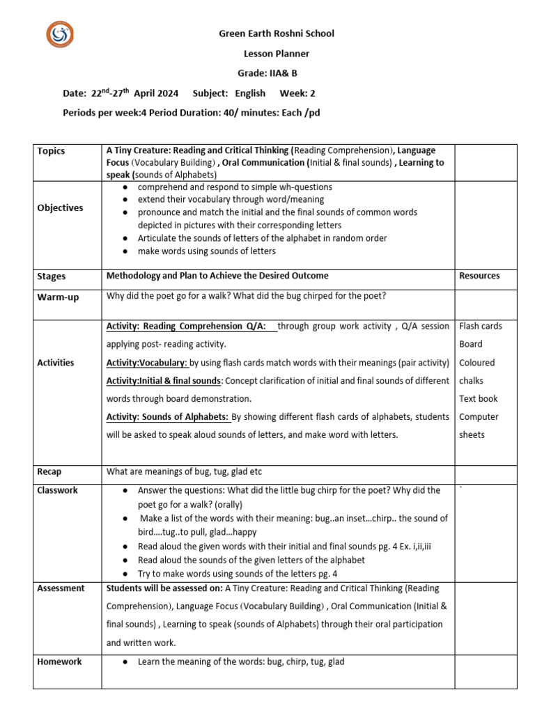 English Planner Week2 Grade II A+b-1 | PDF | Reading Comprehension ...