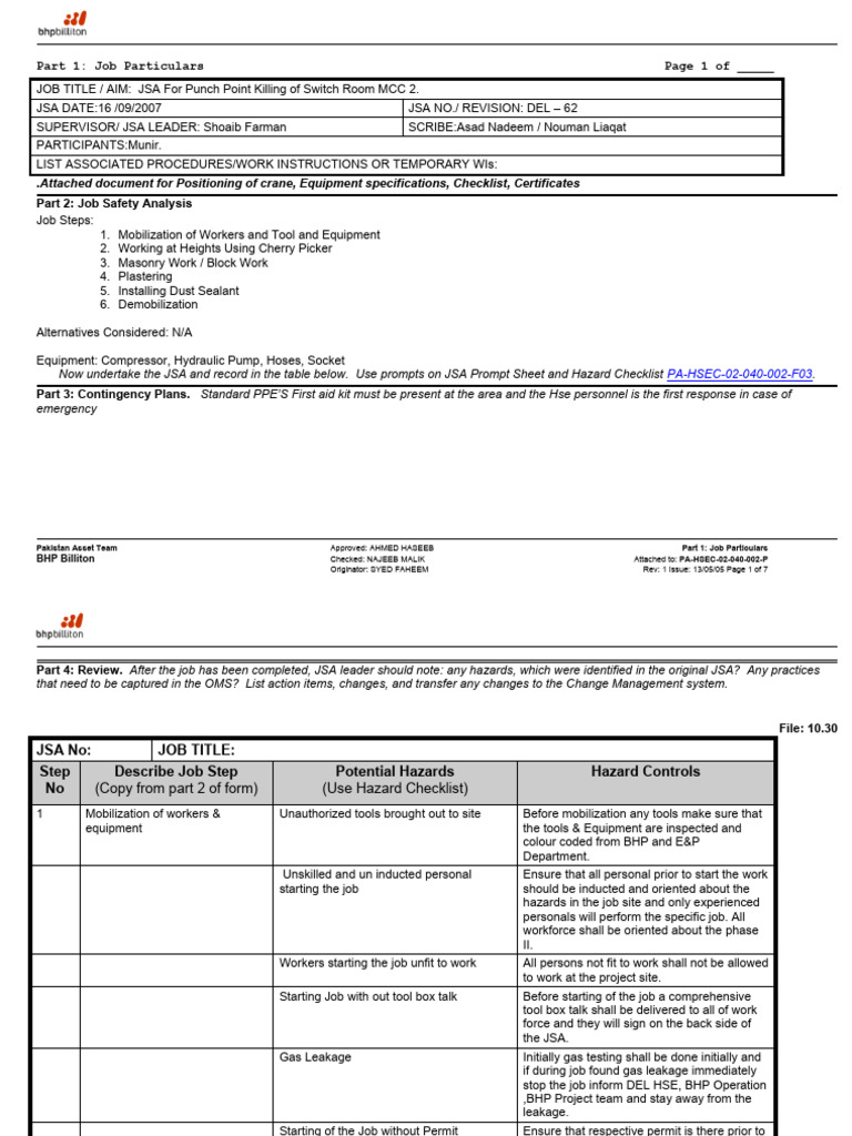 JSA for MCC 2 Punch Point Killing | PDF | Personal Protective Equipment ...