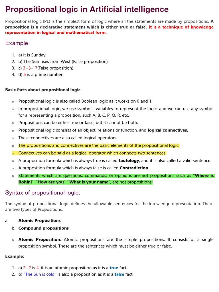 Lecture 9 Propositional Logic in Artificial Intelligence | PDF | First Order Logic | Logic