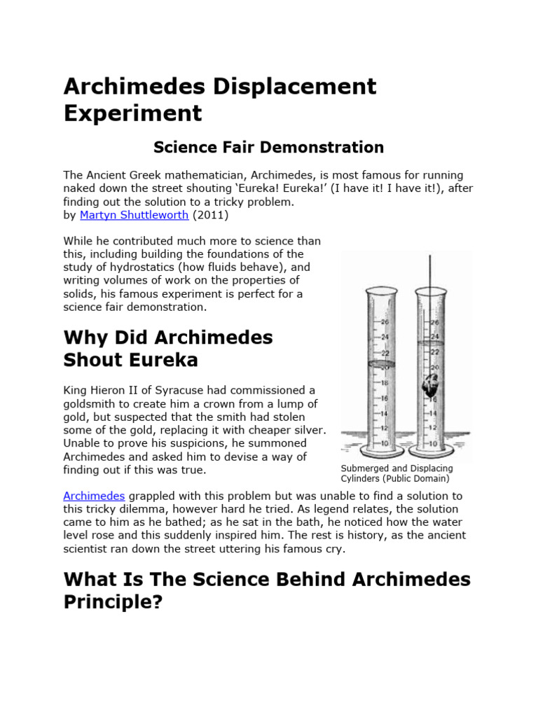 Archimedes Displacement Experiment | PDF | Density | Volume