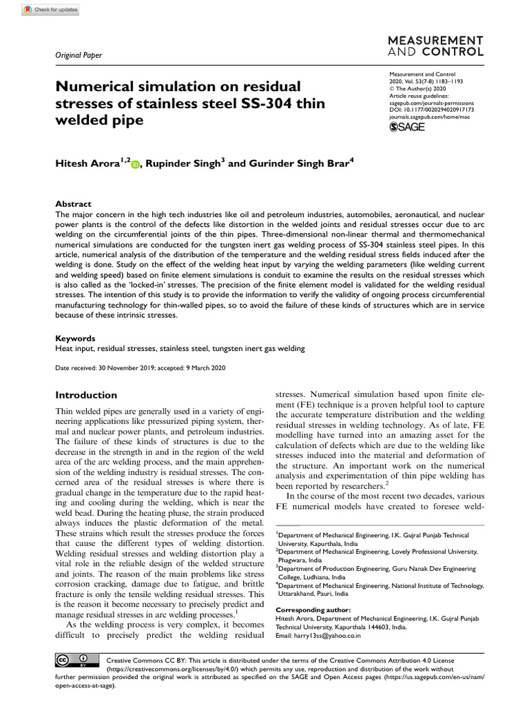 Numerical Simulation On Residual Stresses of Stainless Steel Ss 304 Thin Welded Pipe | PDF ...