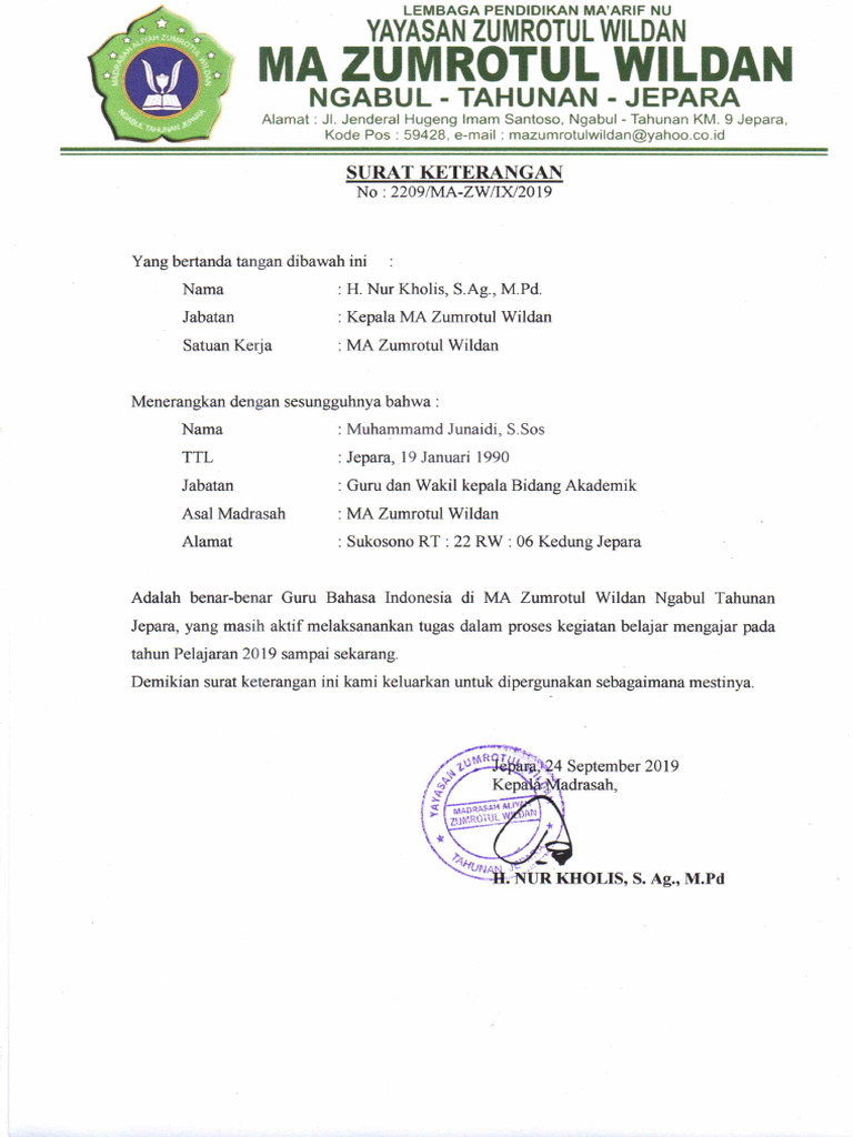 Surat Keterangan Aktif M. Junaidi | PDF