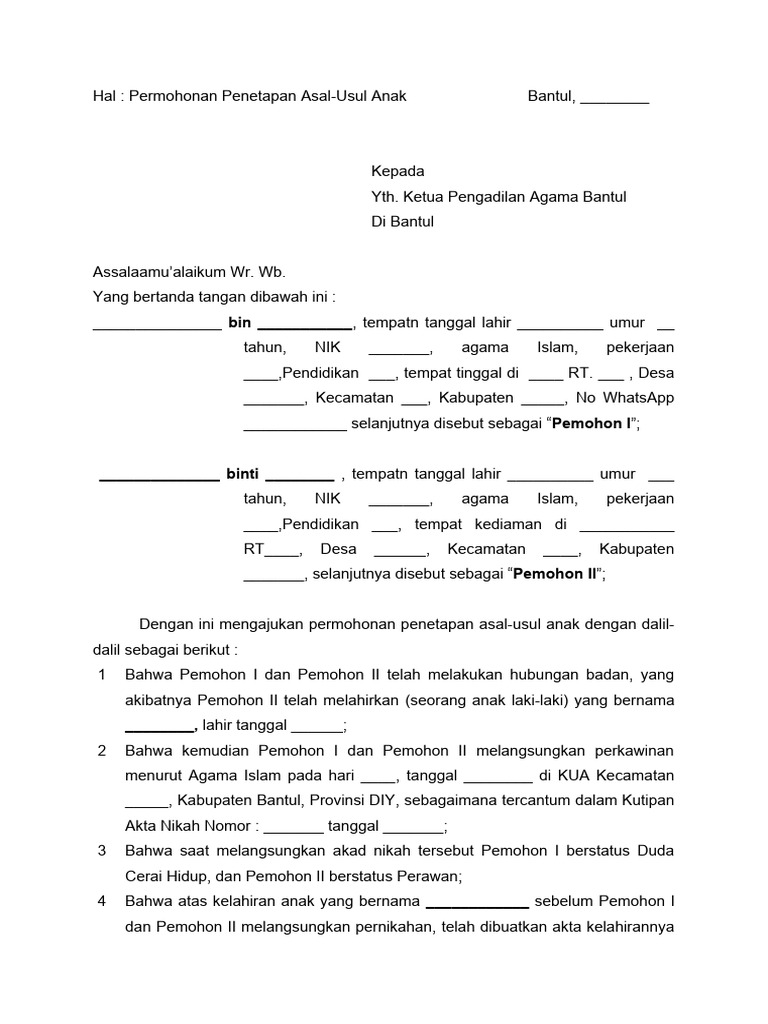 Permohonan Penetapan Asal-Usul Anak | PDF | Hukum