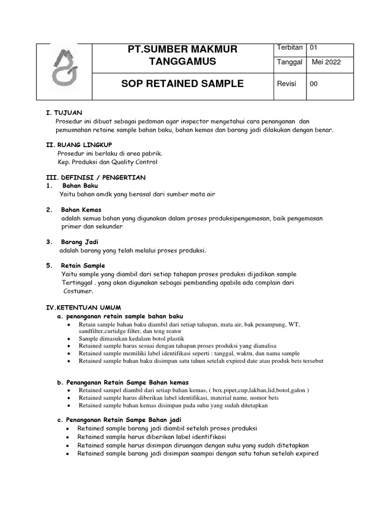 SOP Retained Sampel | PDF