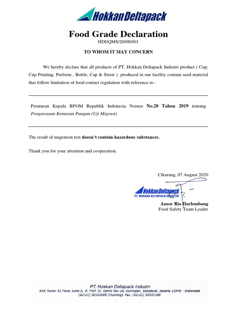 HDI Food Grade Declaration | PDF | Business | Technology & Engineering