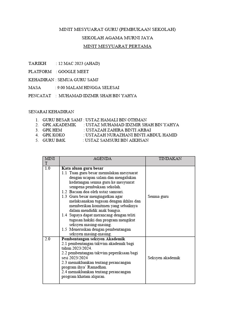 Minit Mesyuarat Guru 1.0 2023 | PDF