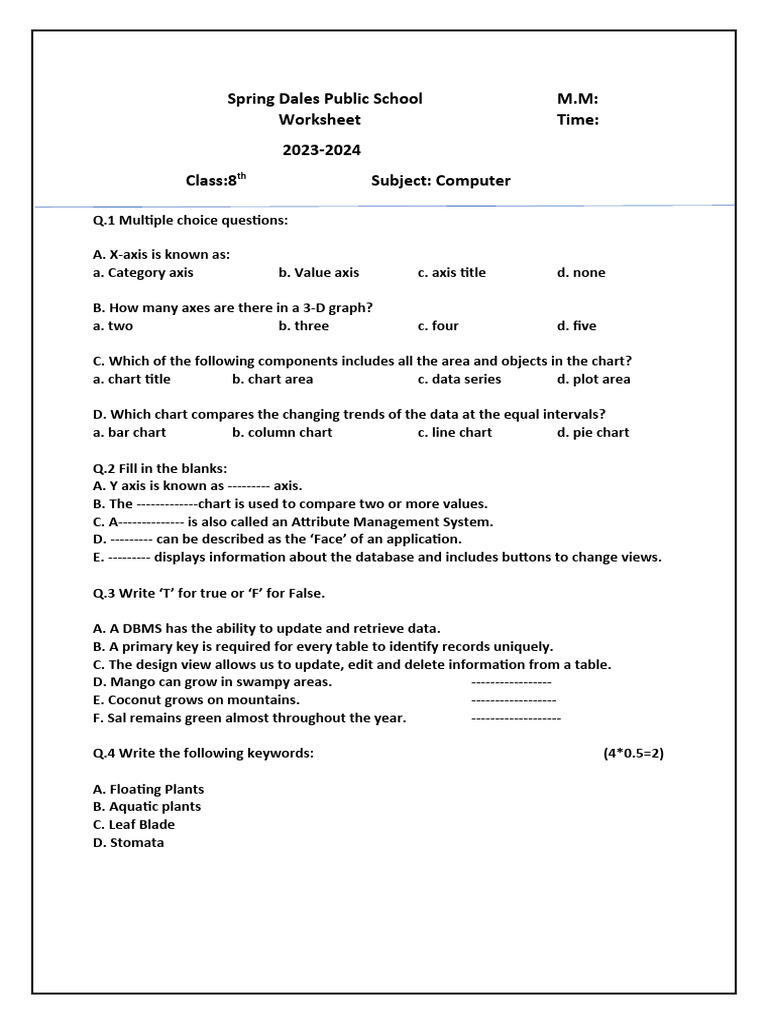 Class 4th Sci Worksheet 2 | PDF | Chart | Leaf