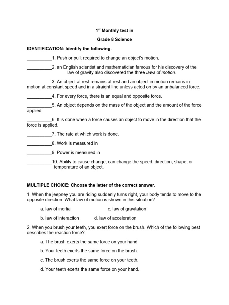 Grade 8 Science Monthly Test 2024 | PDF | Force | Mass