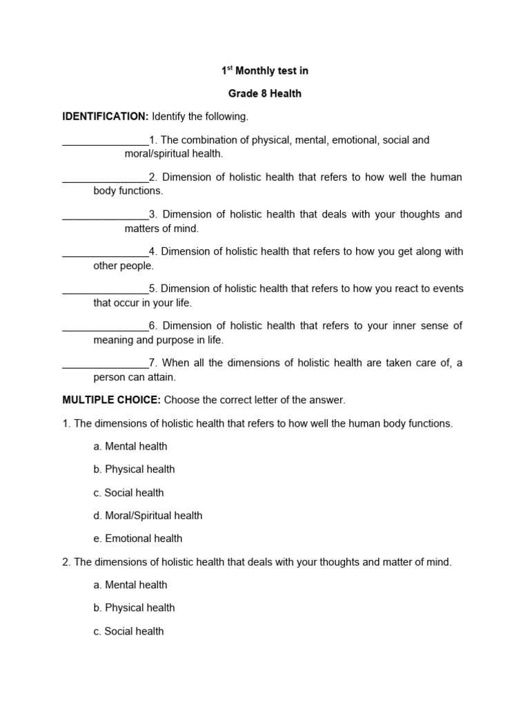 Grade 7 Health Monthly Test | PDF