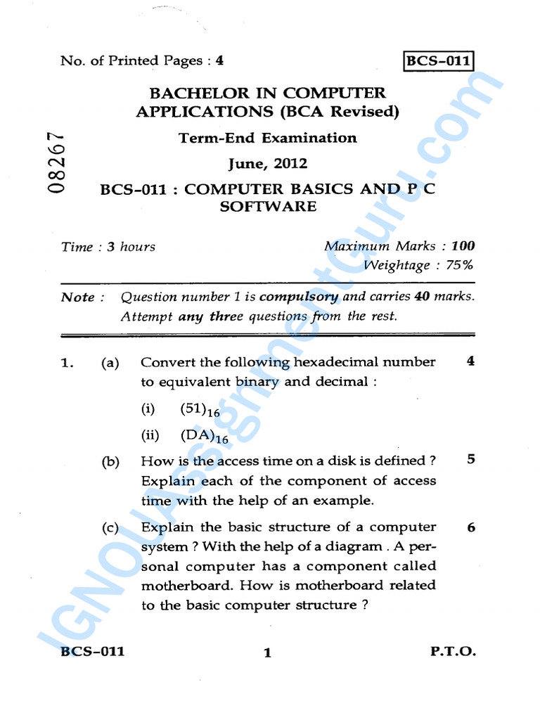 BCA Exam: Computer Basics & PC Software | PDF | Computer Data Storage | Computer Network
