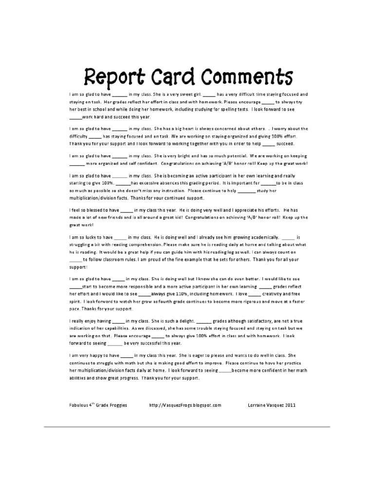Report Card Comments PDF | PDF | Homework | Pedagogy