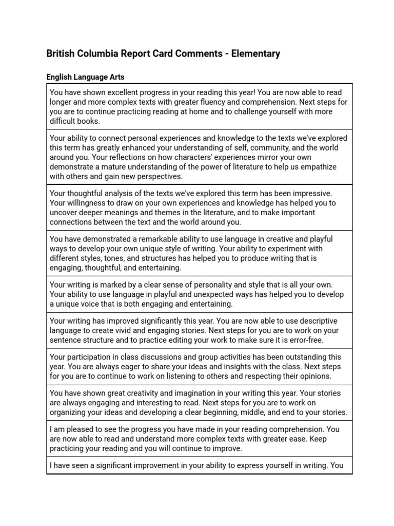 British Columbia Report Card Comments - Elementary | Download Free PDF ...