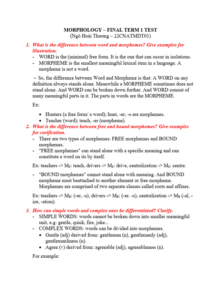 Morphology - Final Term 1 Test | PDF | Grammatical Gender | Word