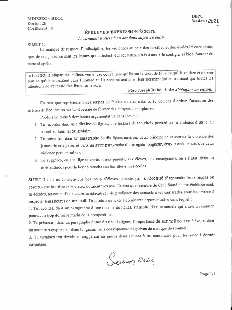 Expression Écrite Bepc 2021 | PDF