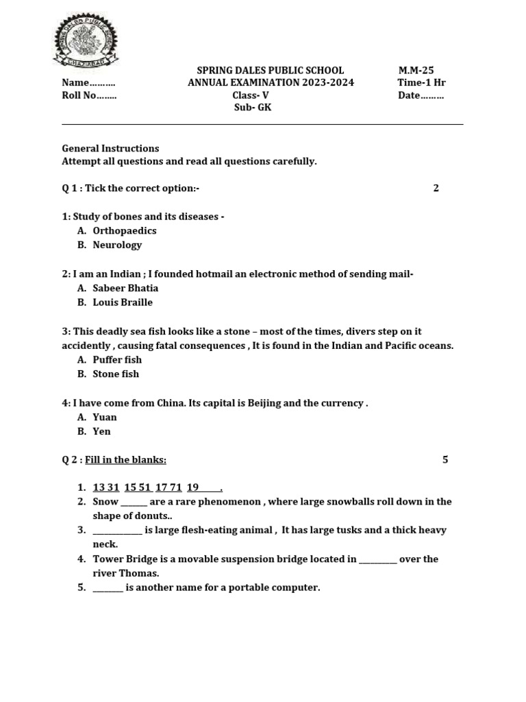 CLASS 5th GK ANNUAL PAPER | PDF