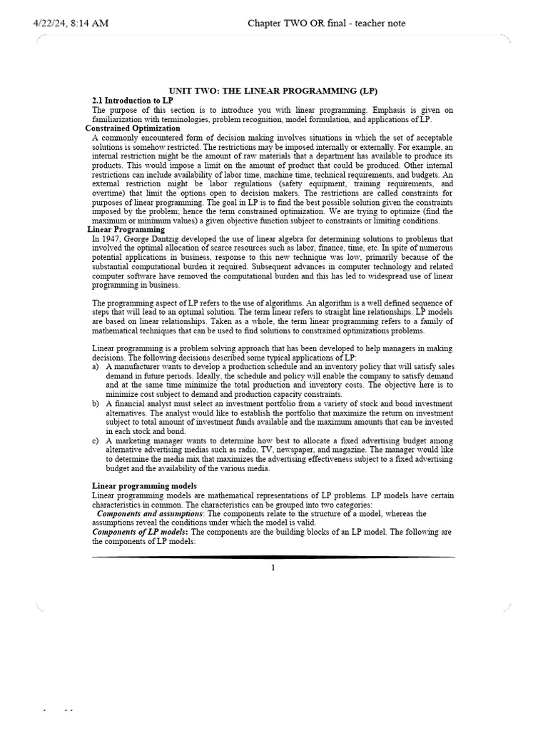 Chapter TWO OR Final - Teacher Note | PDF | Mathematical Optimization | Linear Programming