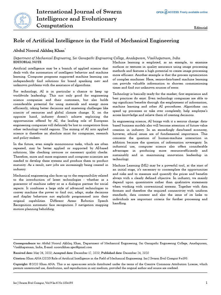 Role of Artificial Intelligence in the Field of Mechanical Engineering | PDF | Artificial ...