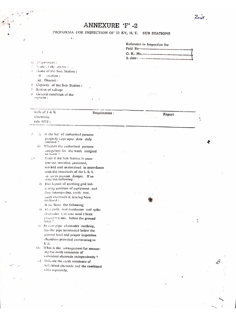 Proforma for inspection of 33 KV, H.T Sub Stations.(Annexure 'F'-2. | PDF