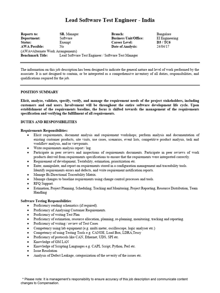 Jd Lead Software Test Engineer Pdf Software Testing Computer
