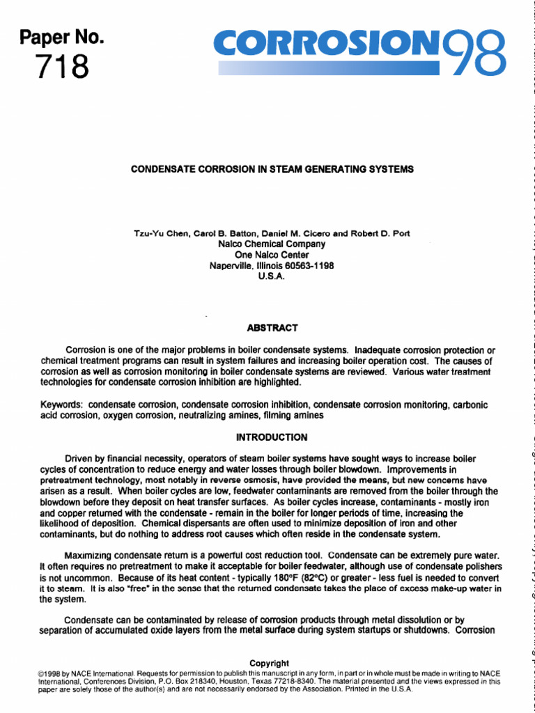 Condensate Corrosion in Steam Generating Systems (51300-98718-Sg) | PDF ...